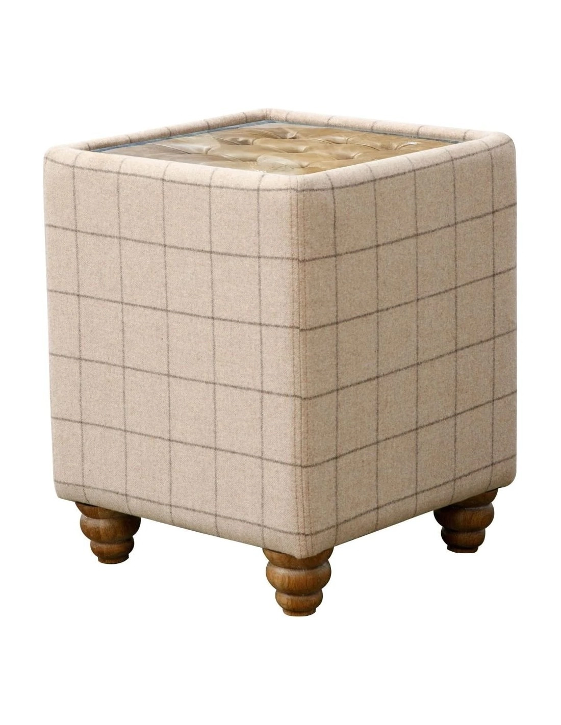 Button Top Side Table with Glass Inlay - Beige